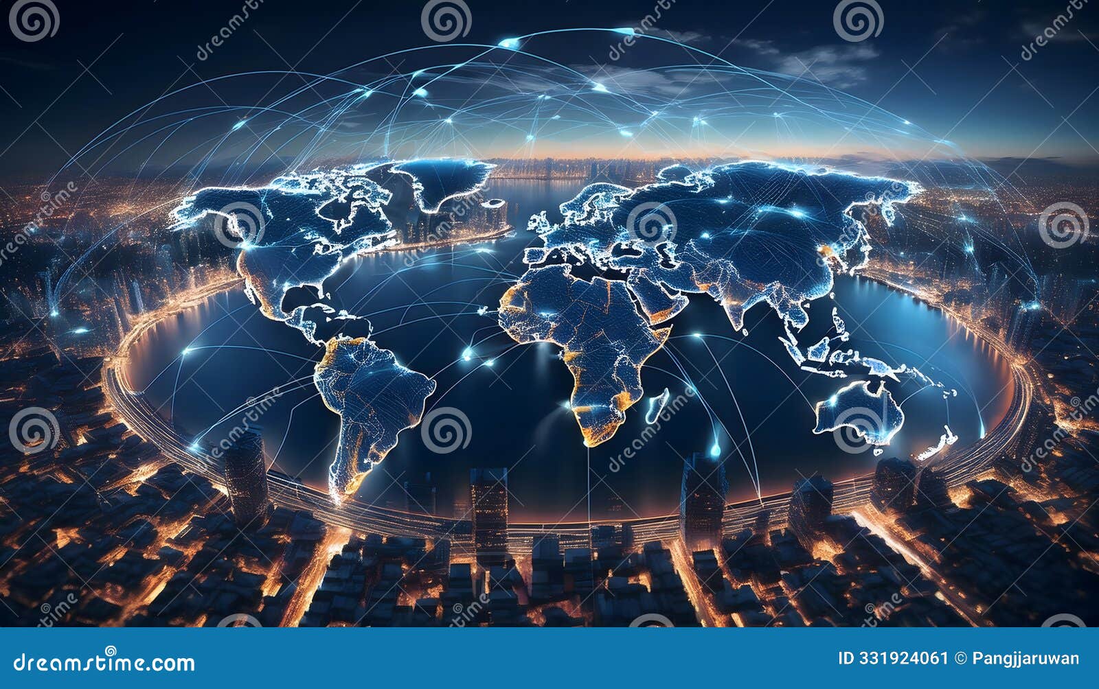 World Map with Flight Paths and Connected Cities Over Modern City at ...