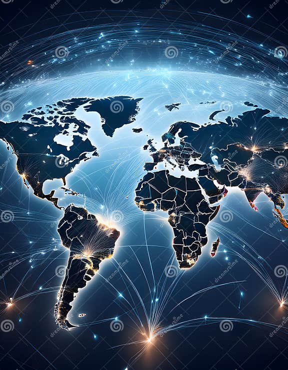 World Map with Flight Paths and Connected at Night Stock Illustration ...