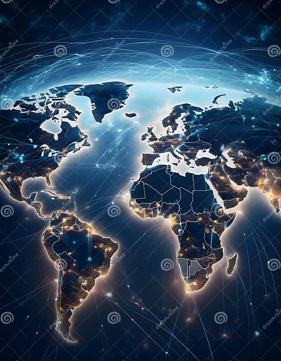 World Map with Flight Paths and Connected at Night Stock Illustration ...