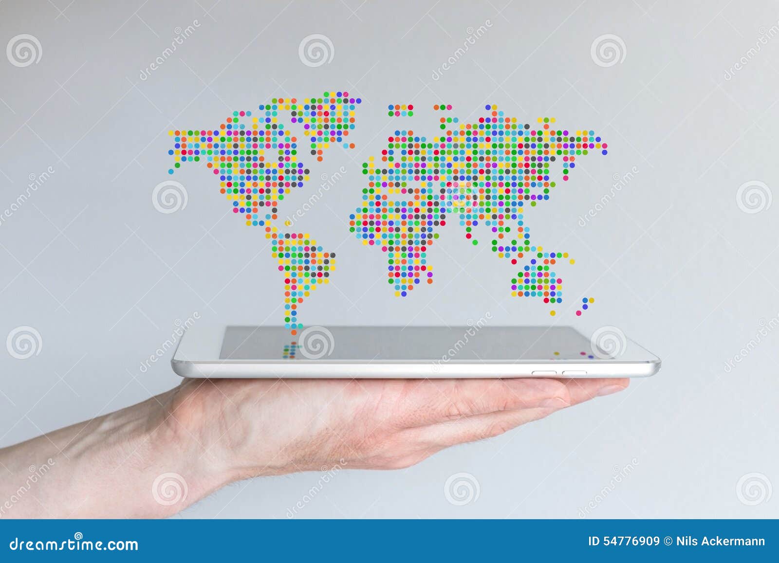 World Map Floating Above a Modern Smart Phone or Tablet. Hand Holding ...