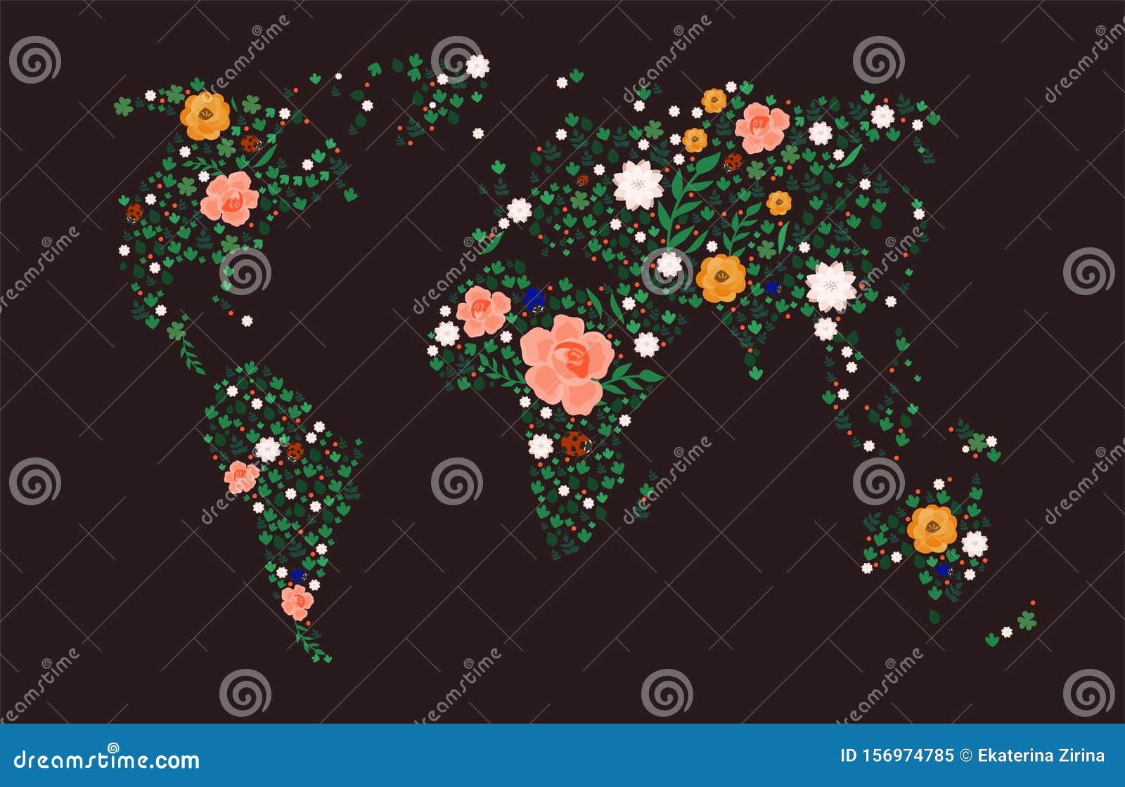 World Map of Flowers and Ladybugs. Vector Graphics Stock Illustration ...