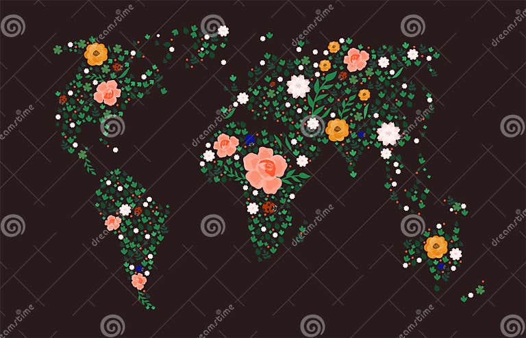 World Map of Flowers and Ladybugs. Vector Graphics Stock Illustration ...
