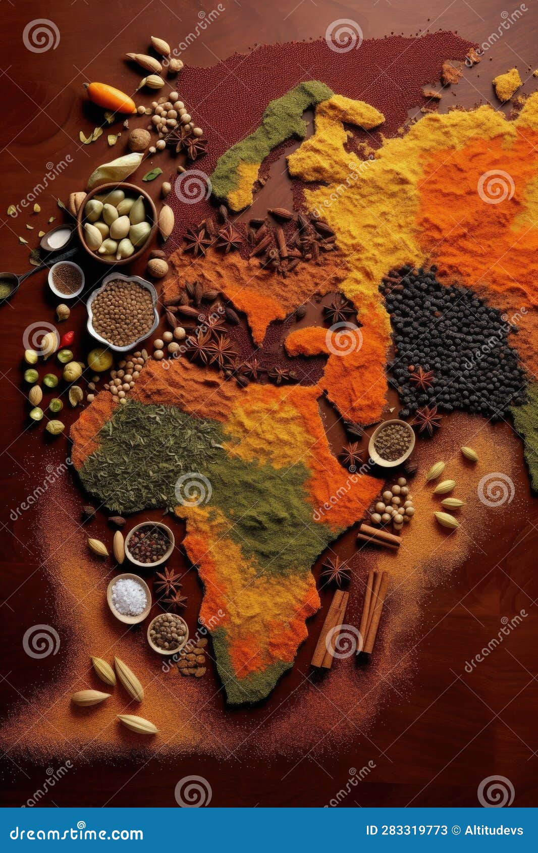 World Map Formed by Arranging Various Spices and Herbs Stock ...