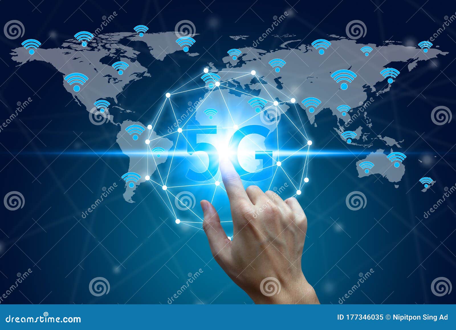 World Map with 5G Wifi Technology Background, Hand Touch Network Using ...