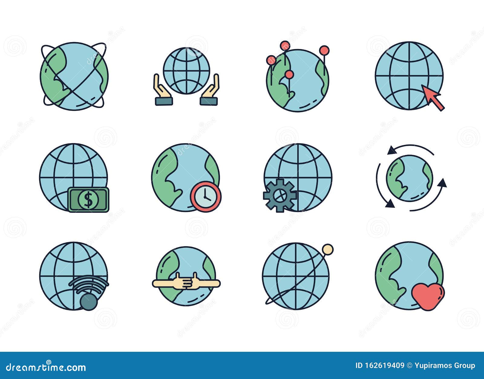 World Map Global Icons Set Line Filled Stock Vector - Illustration of ...