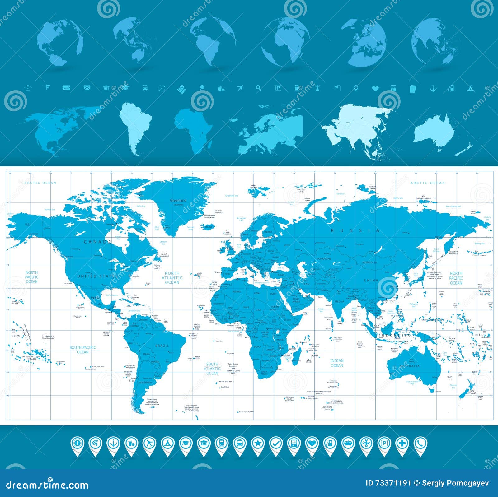 World Map, Globes and Navigation Icons Stock Vector - Illustration of ...