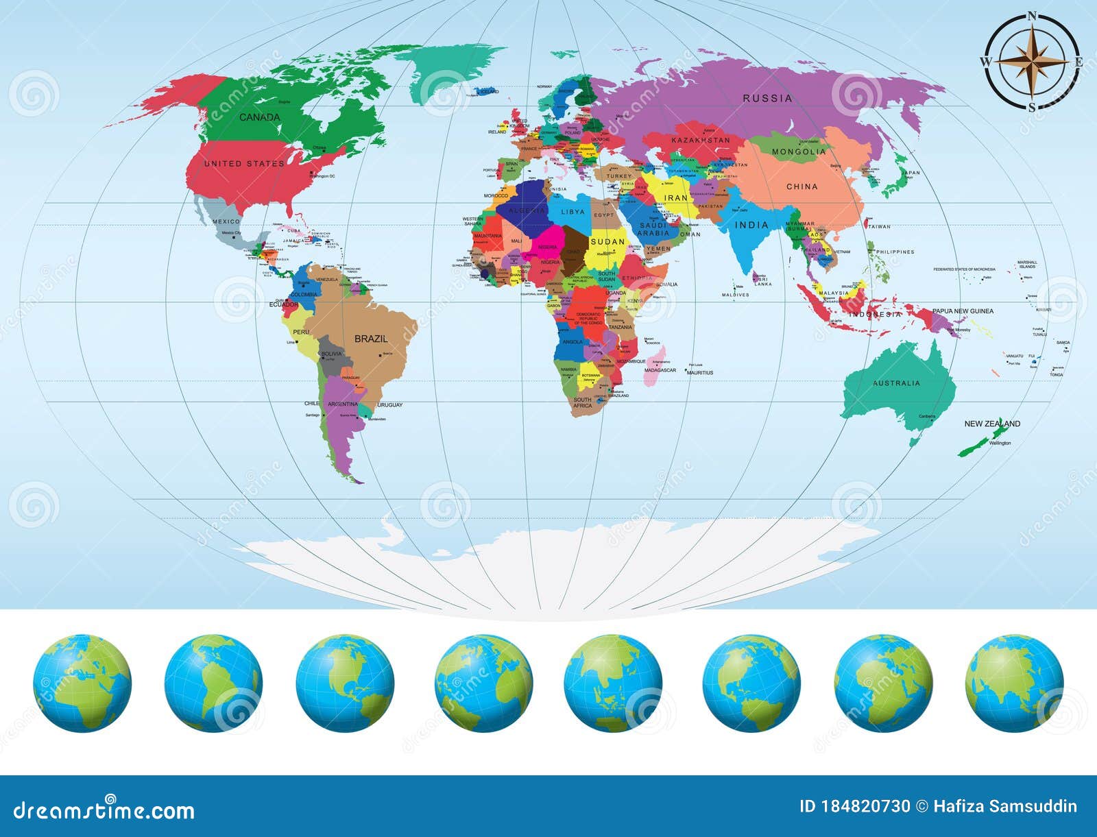 World map with globes. stock illustration. Illustration of north ...