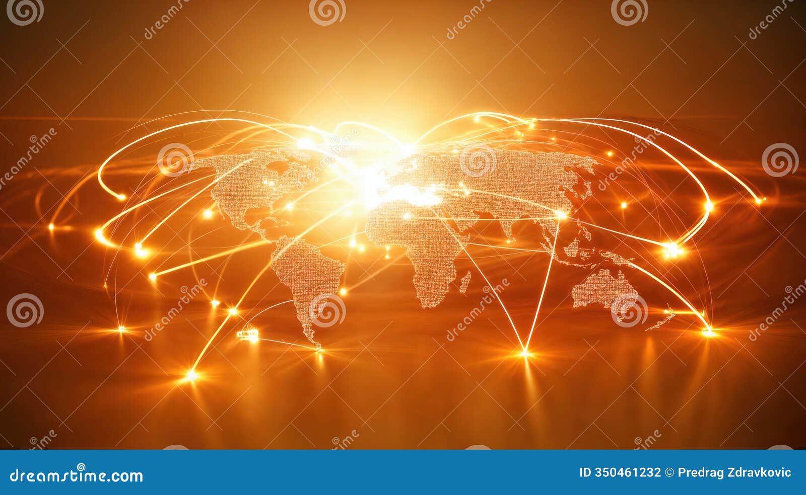World Map with Glowing Connections and Light Sources Stock Illustration ...