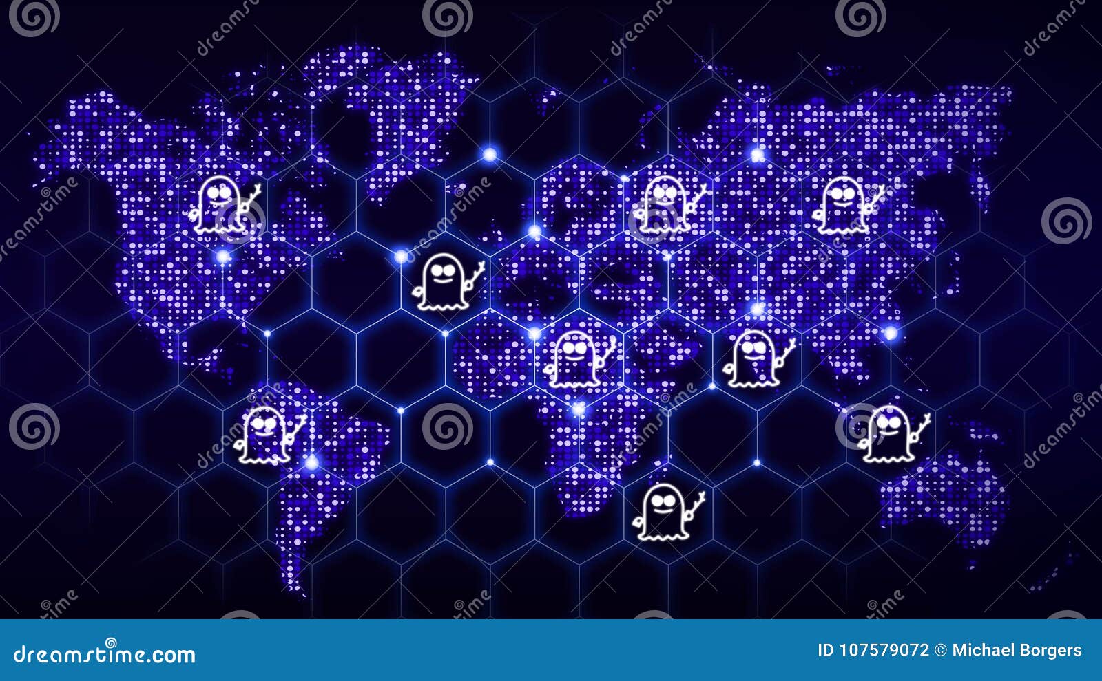 World Map With Glowing Dots And A Hexagon Grid With Spectre Symb Stock ...