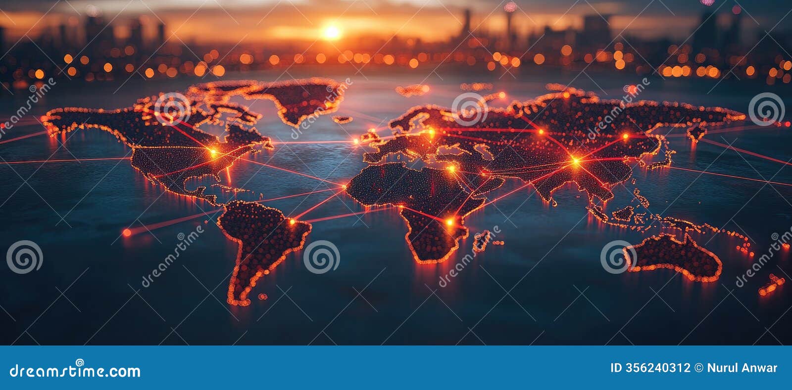 "WORLD MAP with GLOWING LINES CONNECTING CONTINENTS and CITIES" Stock ...