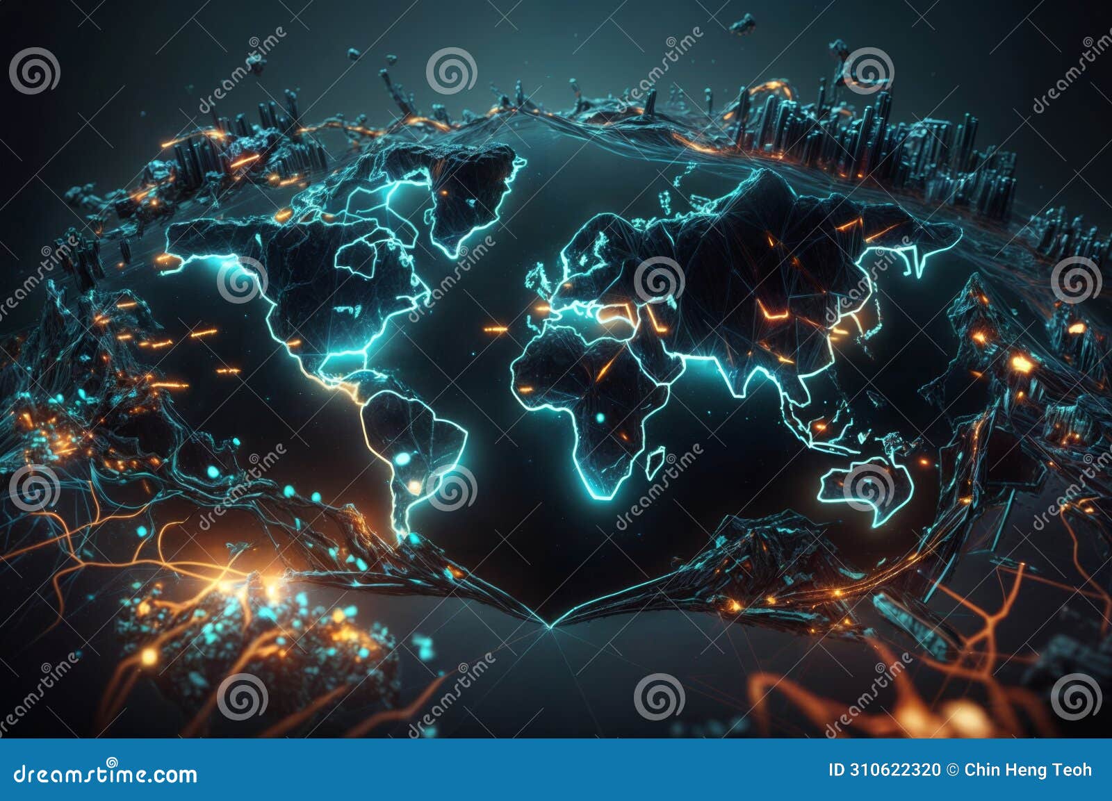 World Map with Glowing Lines and Dots on Dark Background Stock Photo ...