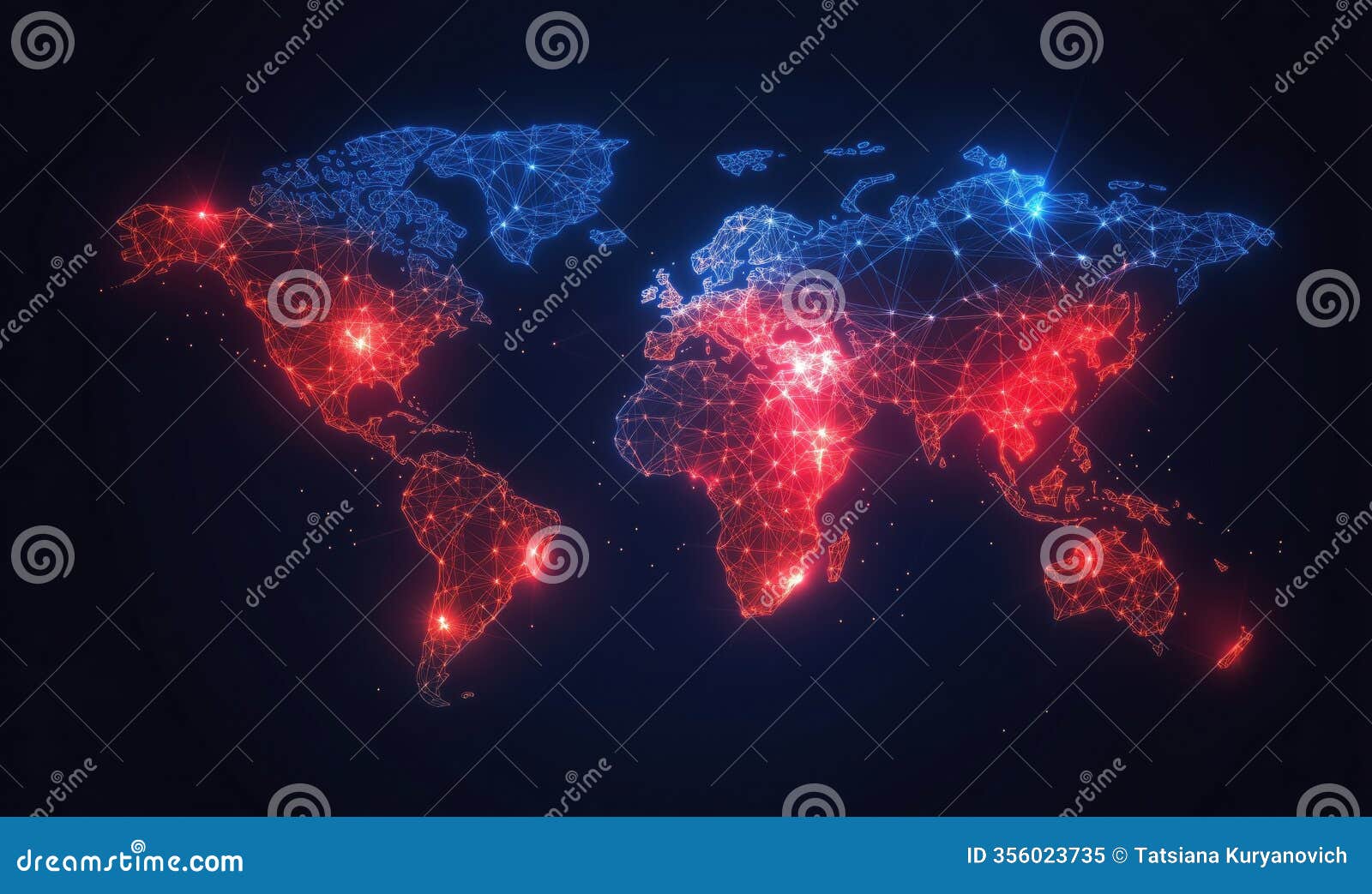 World Map with Glowing Network Connections, Red and Blue Nodes ...