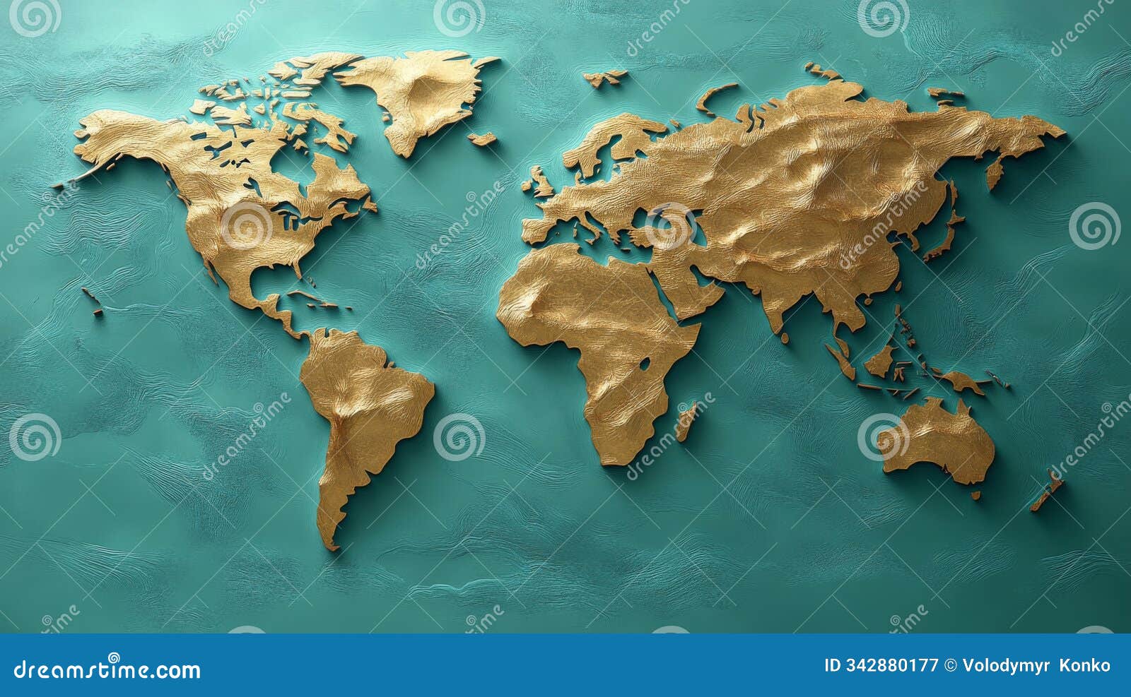 World Map with Gold Texture on Turquoise Background, Artistic ...