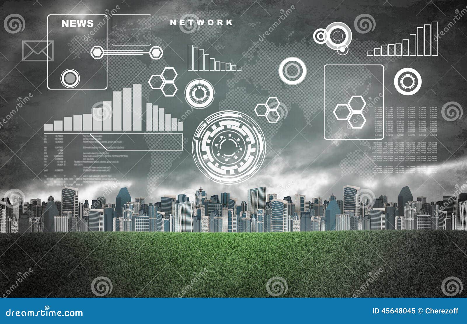 World Map, Graphs, Circles and Buildings with Stock Illustration ...