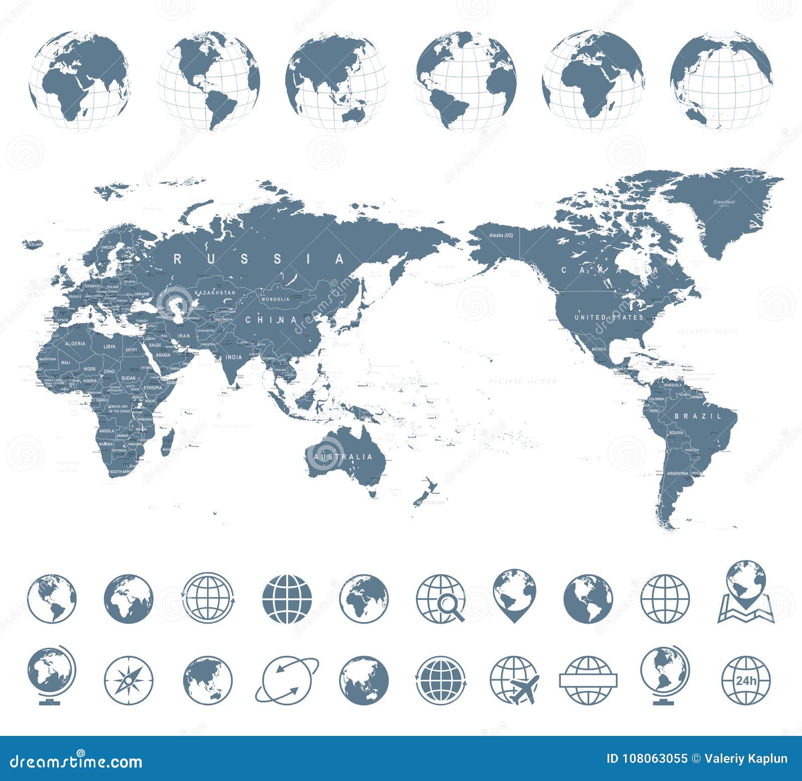 World Map Gray - Asia in Center Stock Illustration - Illustration of ...