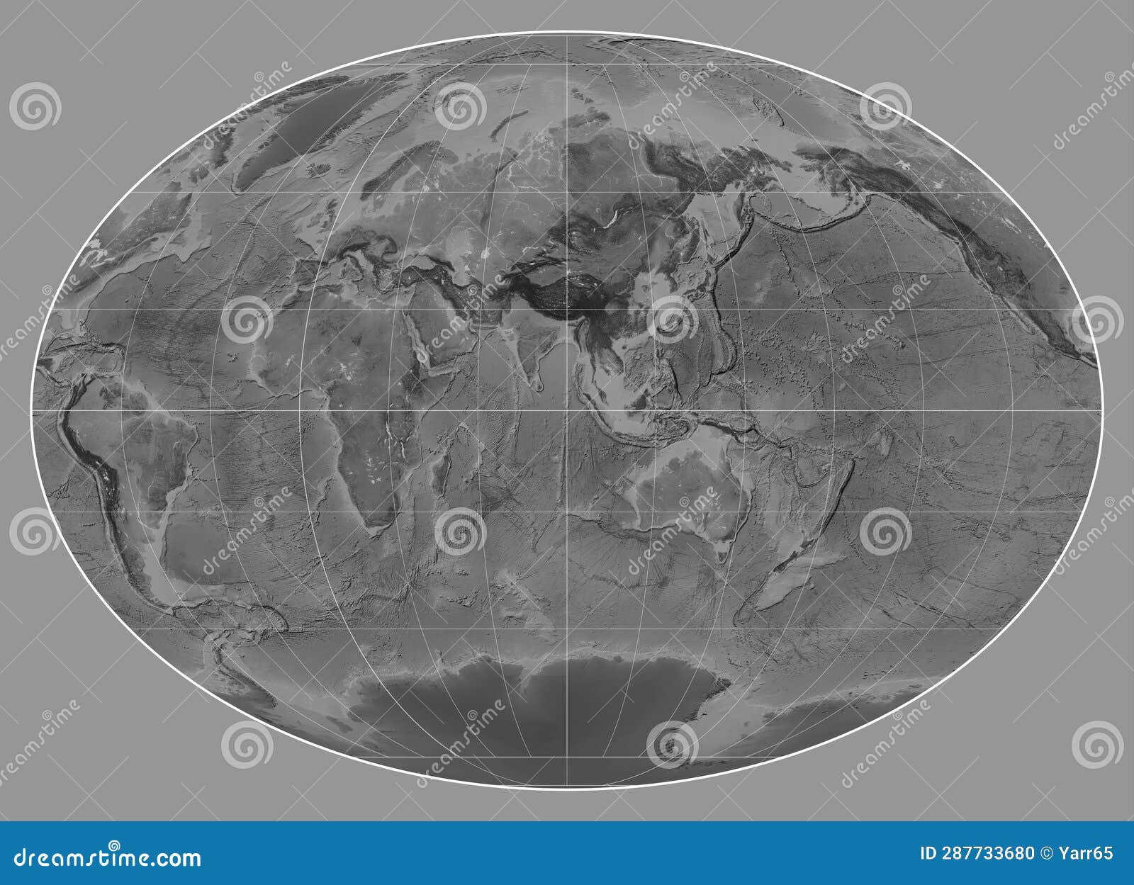 World Map. Grayscale. Fahey Projection. Meridian: 90 East Stock ...