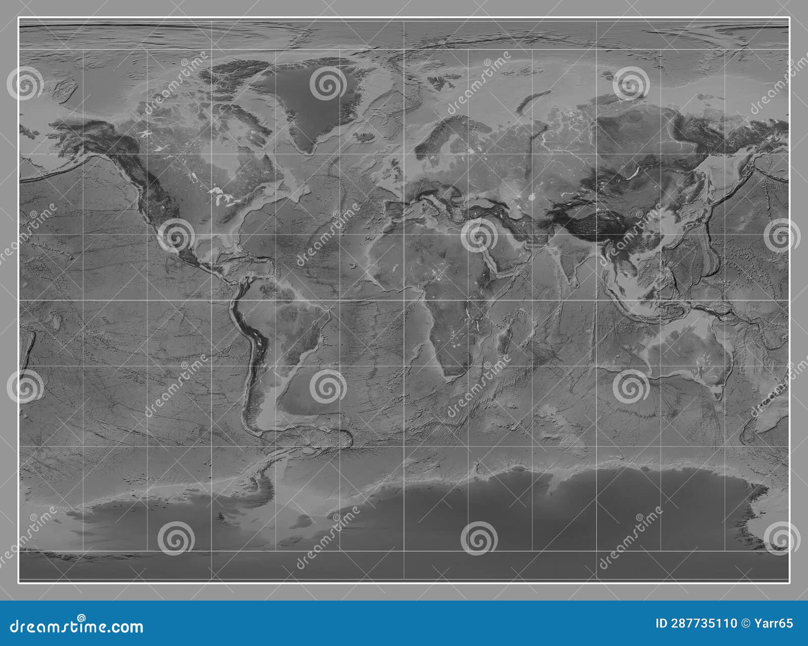 World Map. Grayscale. Miller Cylindrical Projection. Meridian: 0 Stock ...