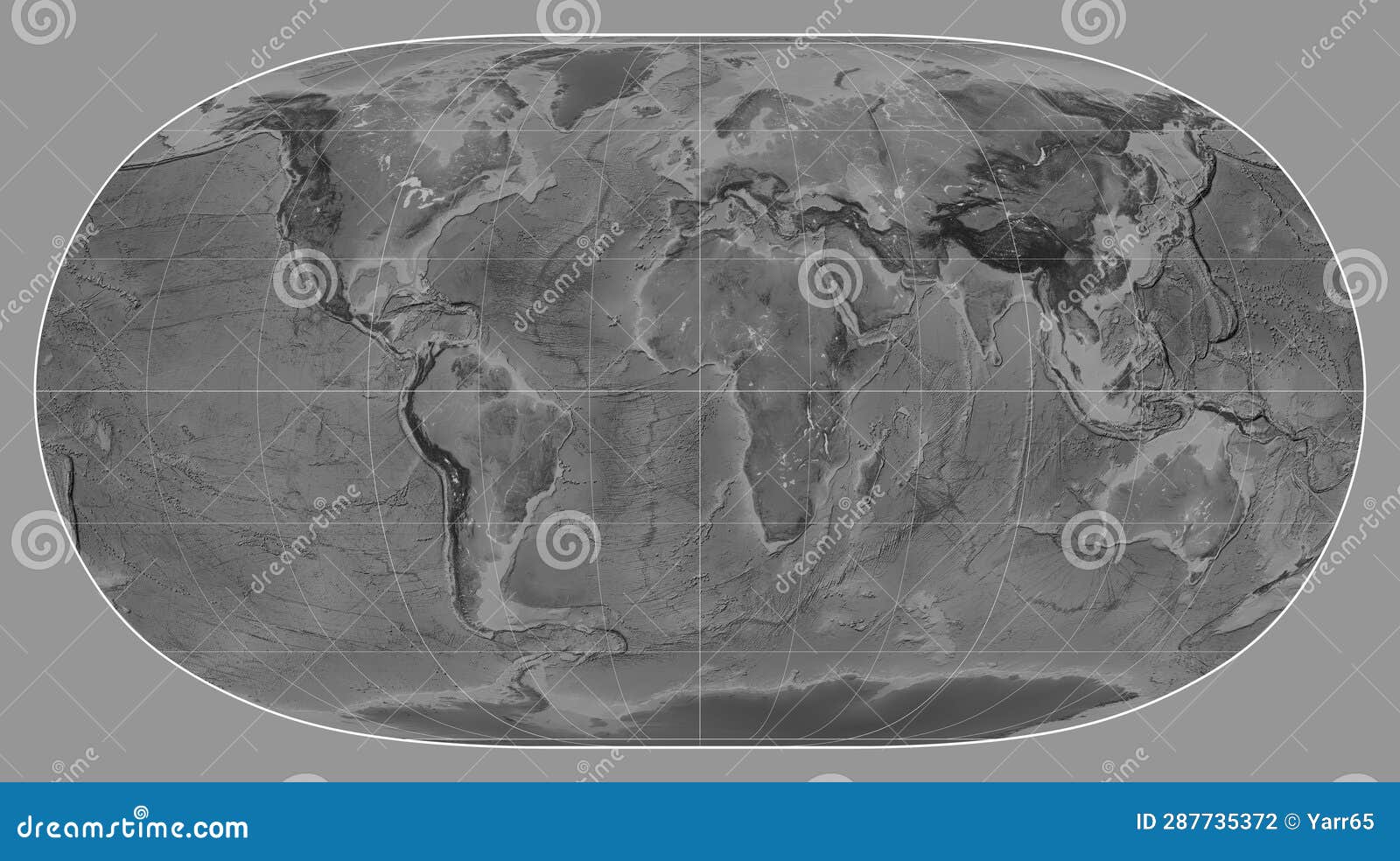 World Map. Grayscale. Natural Earth II Projection. Meridian: 0 Stock ...