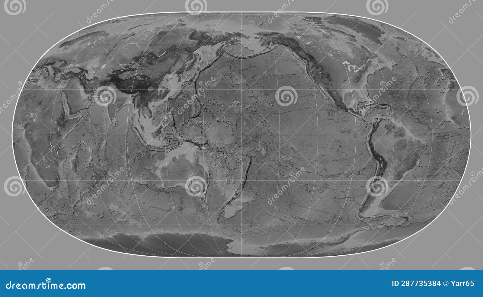 World Map. Grayscale. Natural Earth II Projection. Meridian: 180 Stock ...