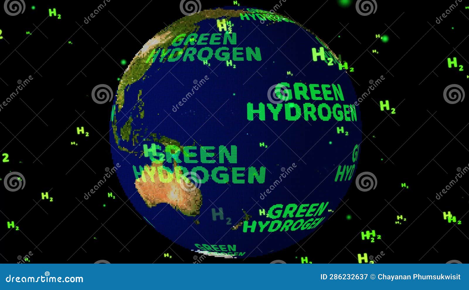 World Map Green Hydrogen Digital Green Text Small Ball Rotating with H2 ...
