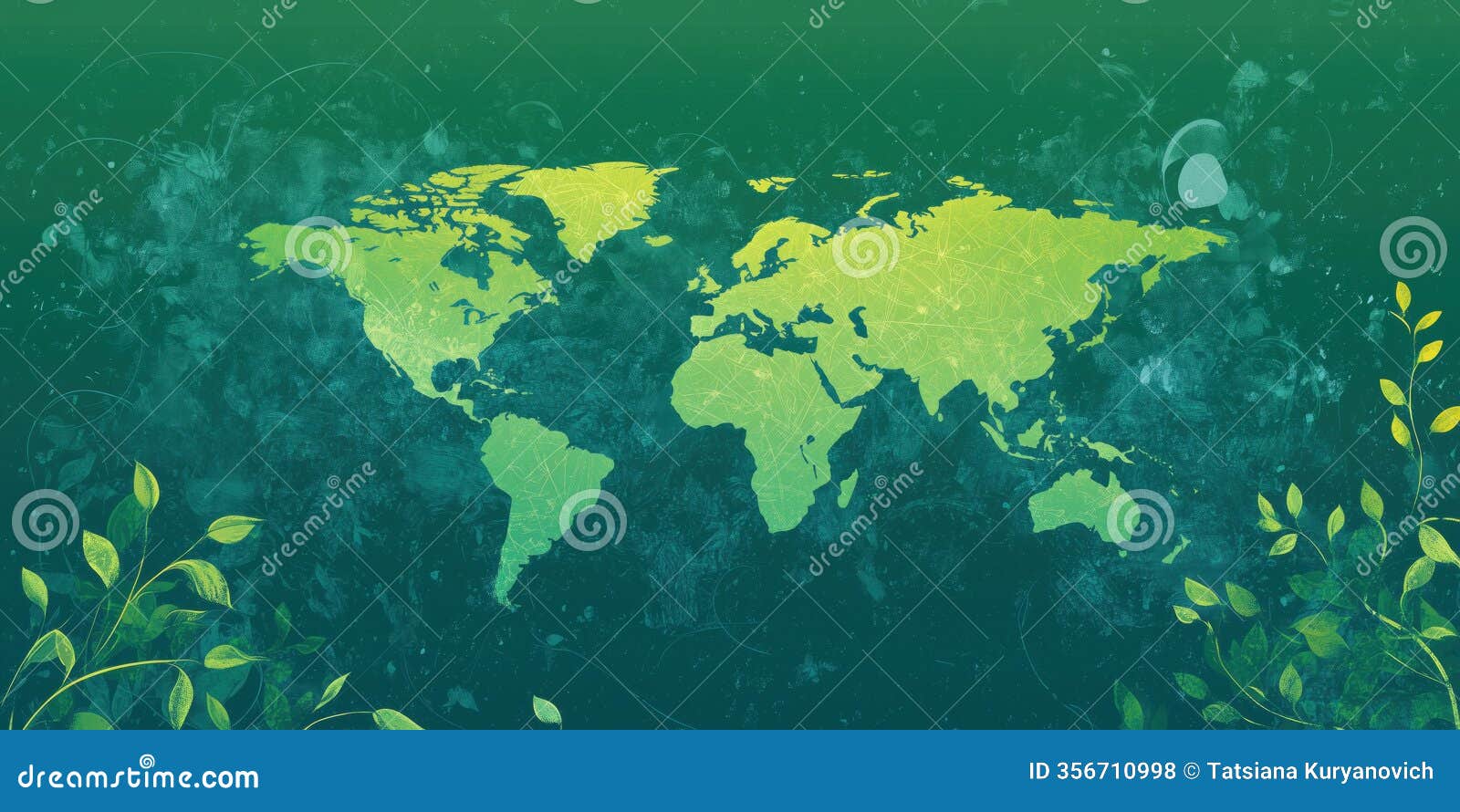 World Map with Greenery and Nature Elements, Illustrating Environmental ...