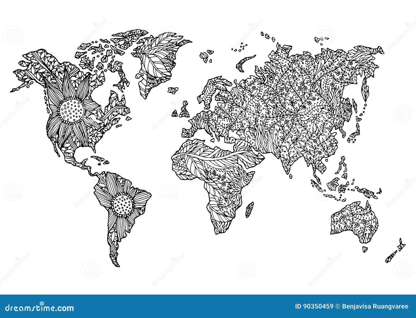 World Map Hand Drawn Flower Floral Design Vector Stock Vector ...