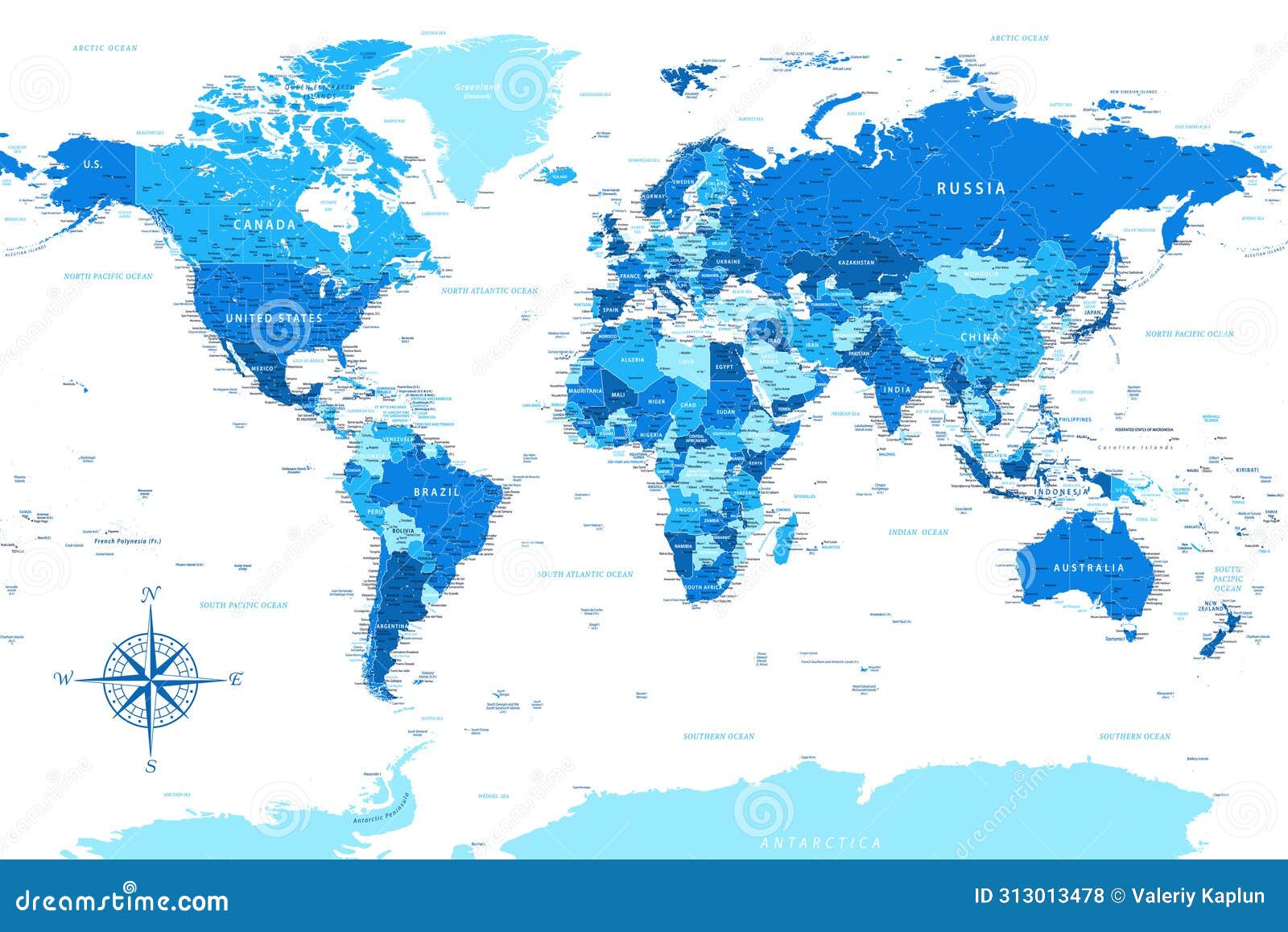 World Map - Highly Detailed Blue Colored Vector Map of the World ...