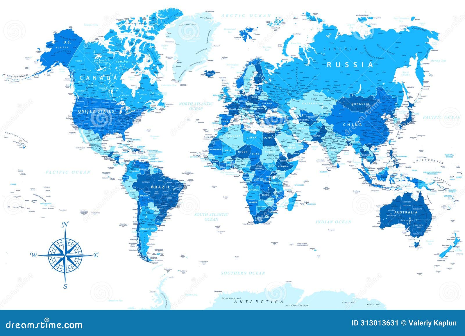 World Map - Highly Detailed Blue Colored Vector Map of the World ...