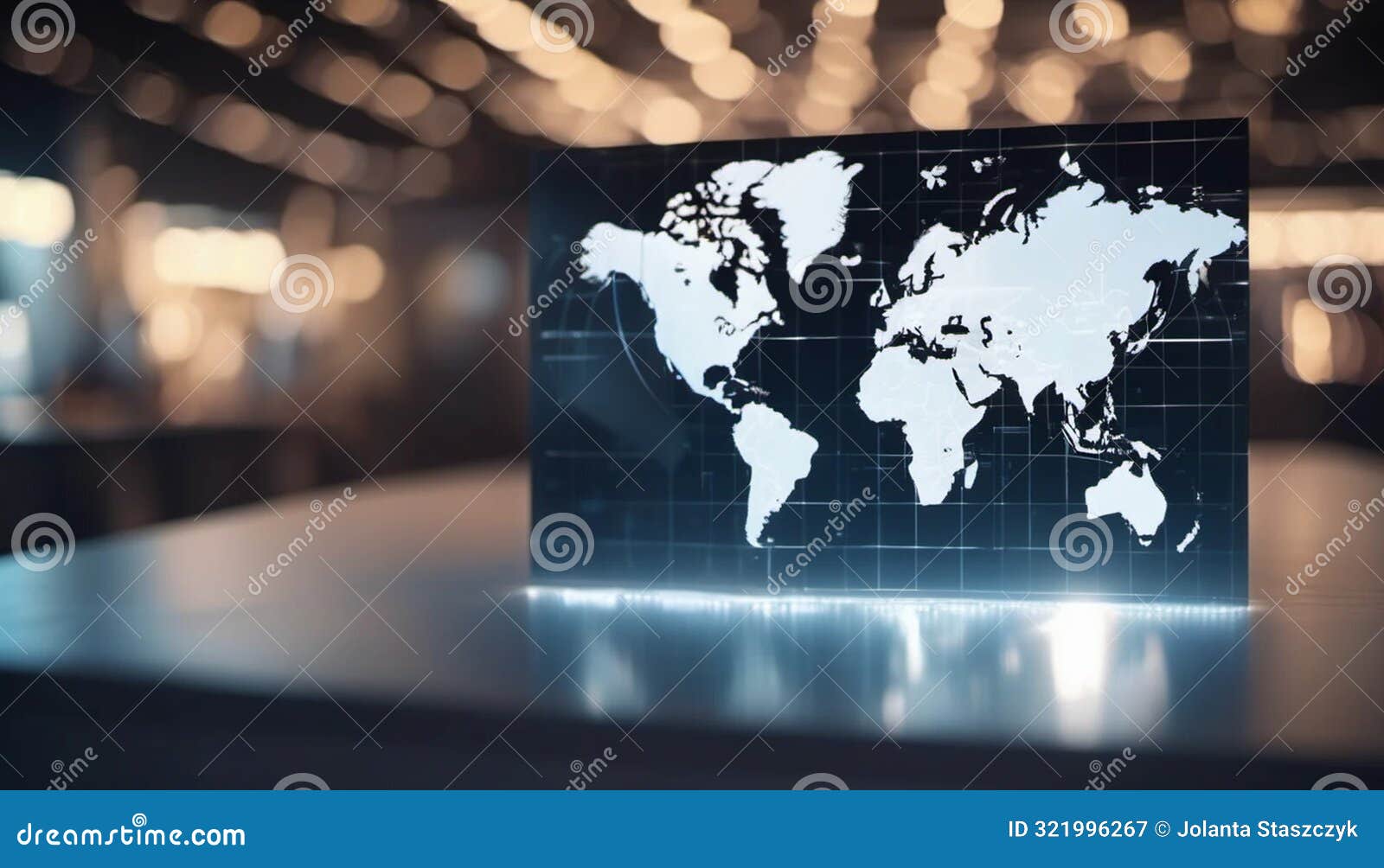 World Map Hologram in a Modern Office Stock Illustration - Illustration ...