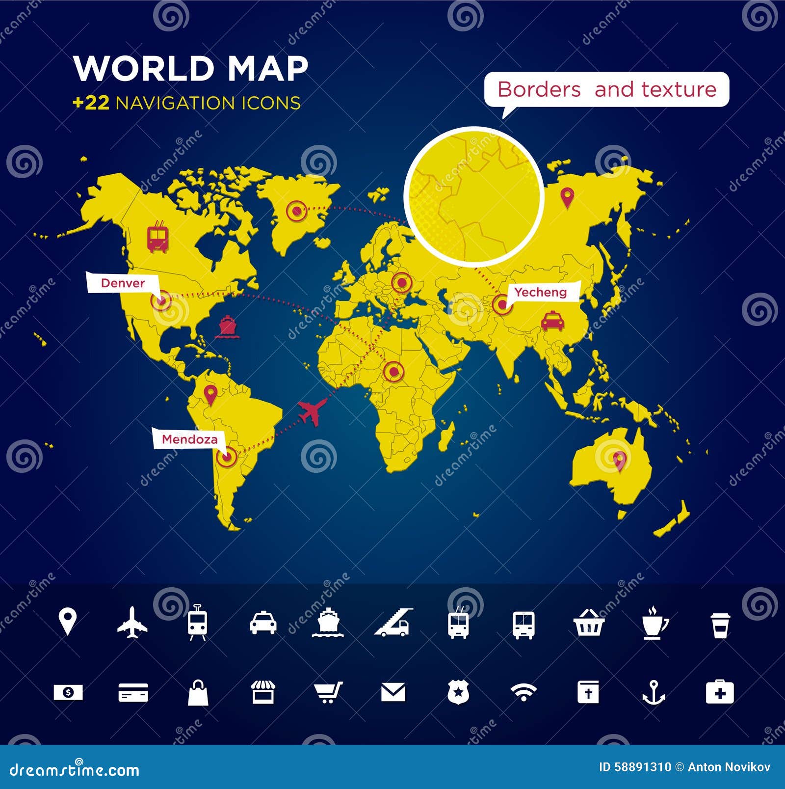 World map with 22 icons stock vector. Illustration of arrow - 58891310