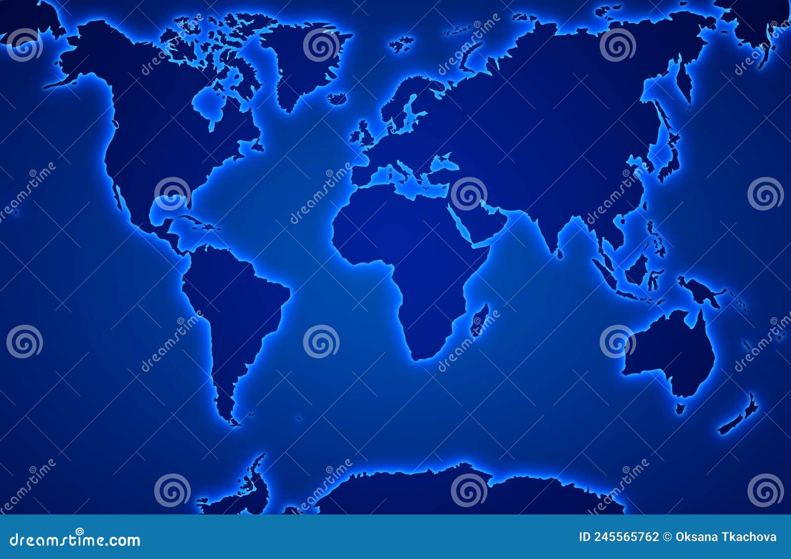 World Map with Illuminated Continents on a Blue Background Stock ...