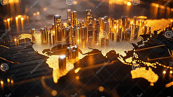 The World Map is Illuminated with Golden Highlights Representing Major ...