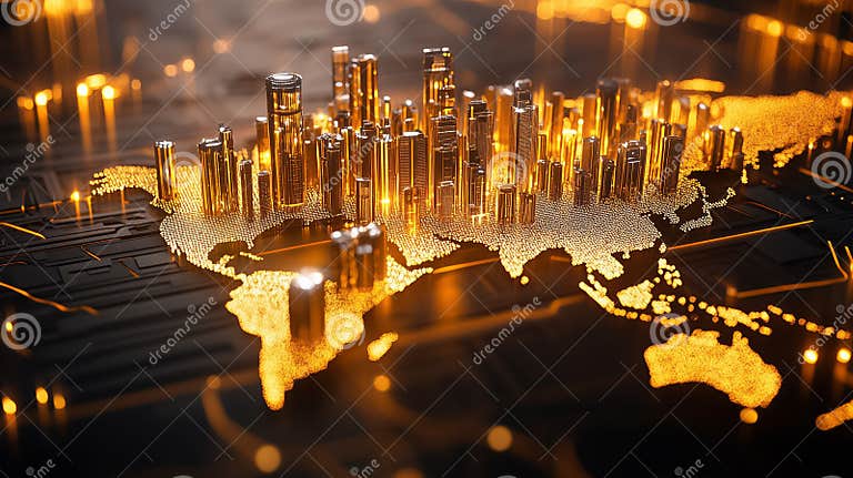 The World Map is Illuminated with Golden Highlights Representing Major ...