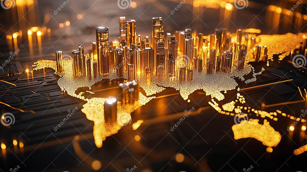 The World Map is Illuminated with Golden Highlights Representing Major ...