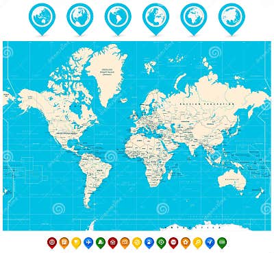 World Map Illustration and Map Pointers Stock Vector - Illustration of ...