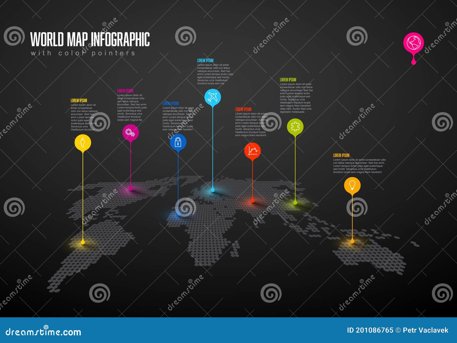 World Map Infograph Template With Pointer Marks Stock Vector