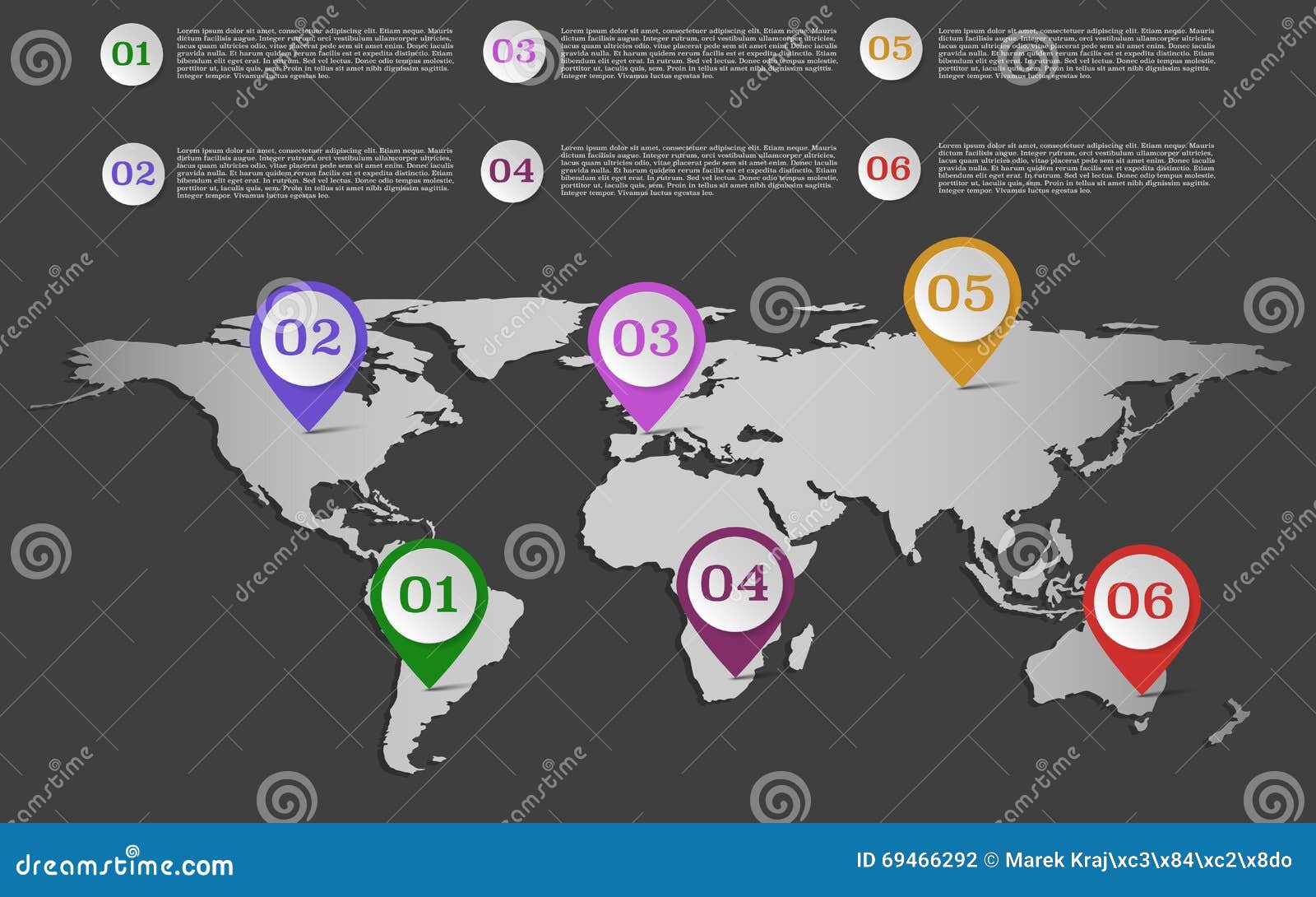 World Map Infographic with Set of Ribbons or Circle (rounded) Po Stock ...