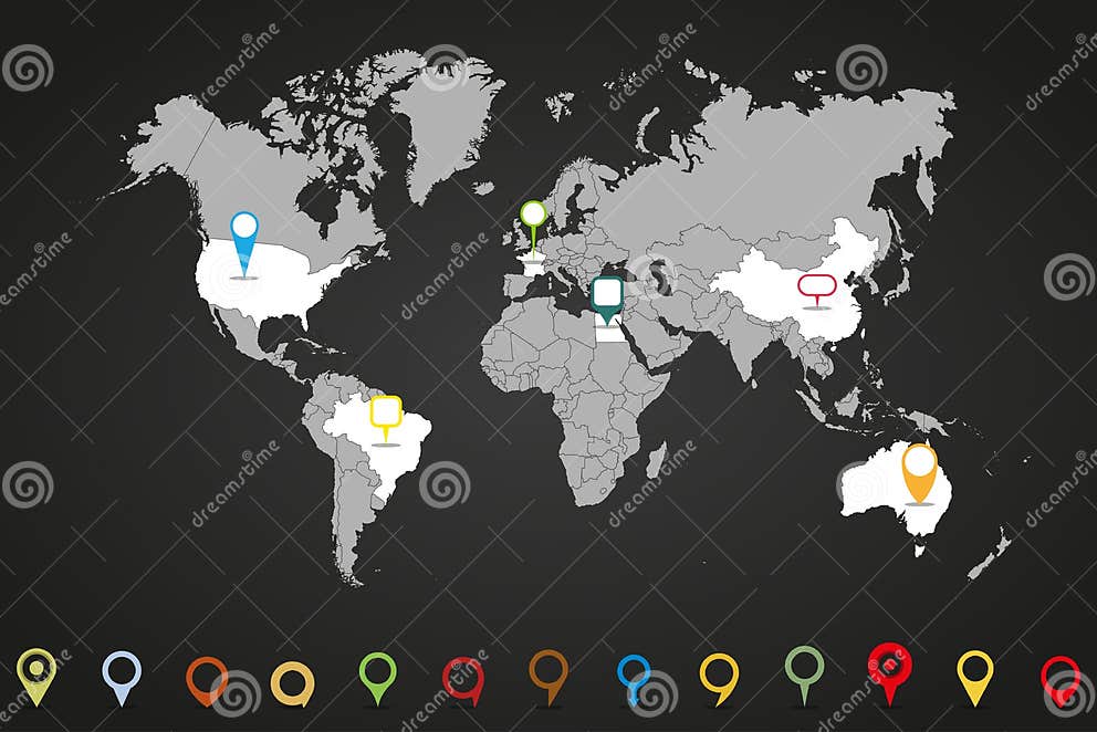 World Map Infographic Template with Different Markers. All Countries ...