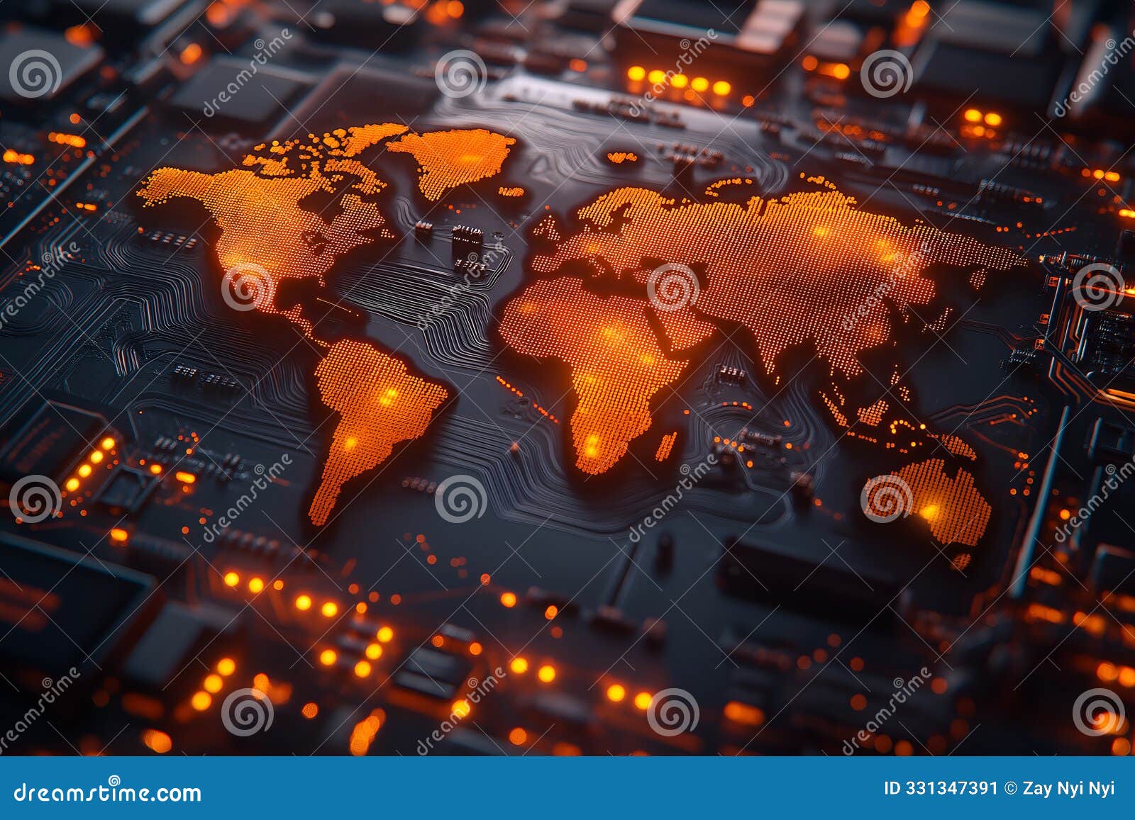 A World Map Integrated into a Circuit Board, Symbolizing Global ...