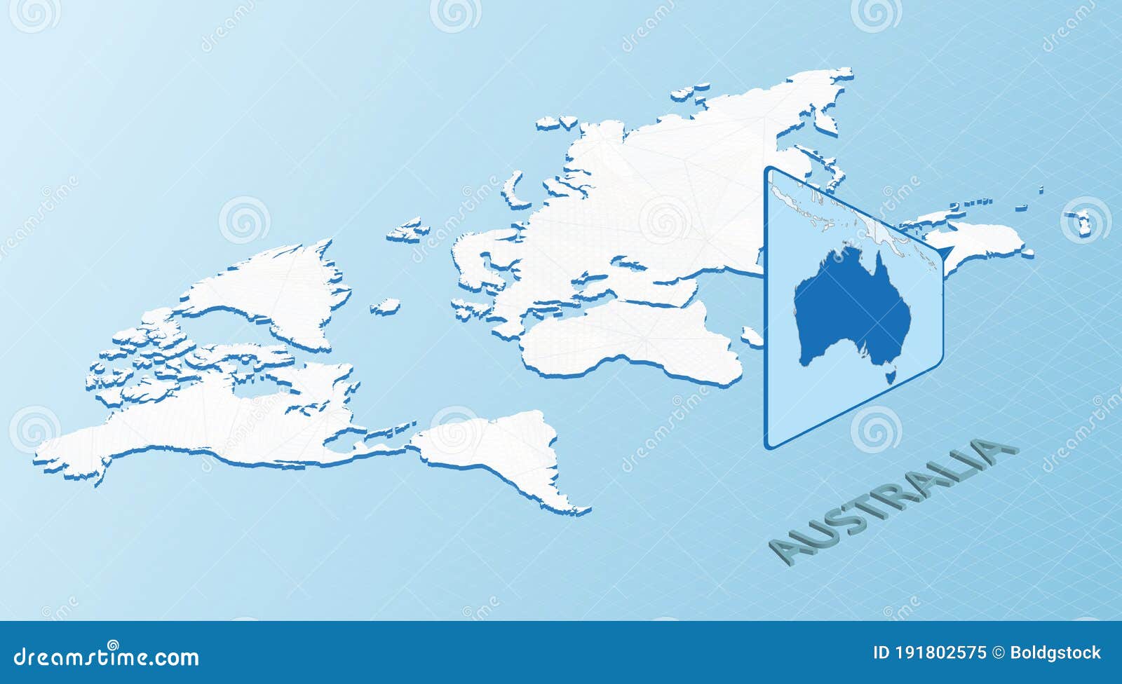 World Map in Isometric Style with Detailed Map of Australia. Light Blue ...