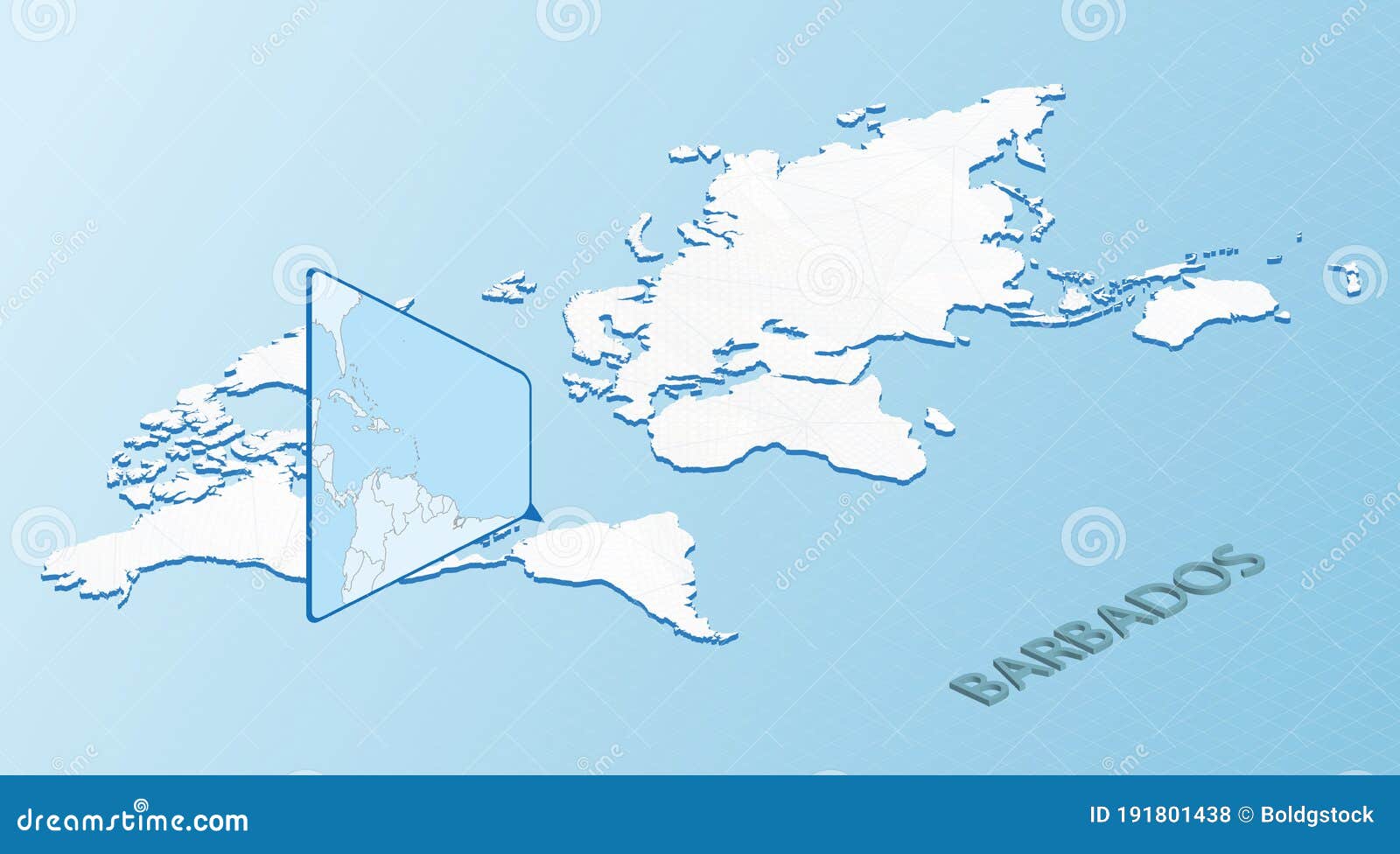 World Map in Isometric Style with Detailed Map of Barbados. Light Blue ...