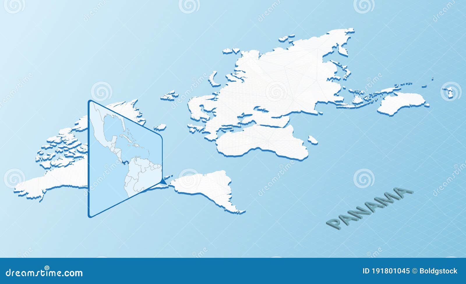 World Map in Isometric Style with Detailed Map of Panama. Light Blue ...