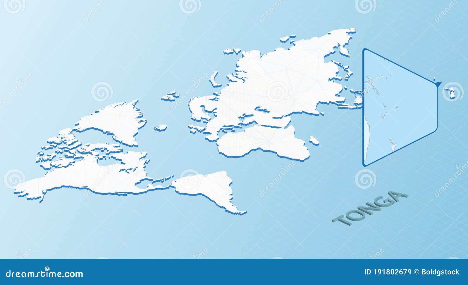 World Map in Isometric Style with Detailed Map of Tonga. Light Blue ...