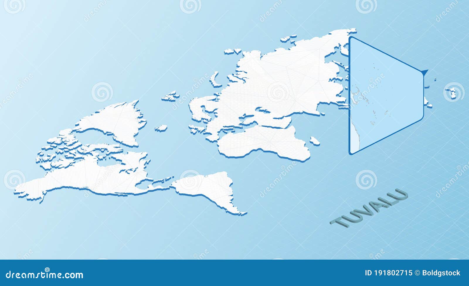 World Map in Isometric Style with Detailed Map of Tuvalu. Light Blue ...