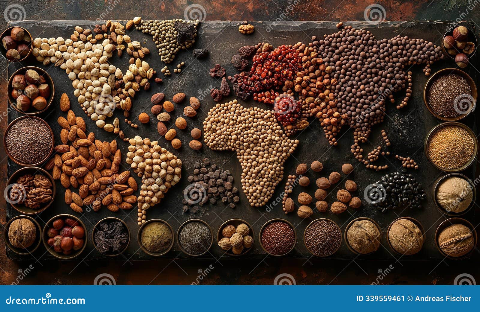 A World Map Laid Out of Nuts on a Dark Background. Stock Image - Image ...