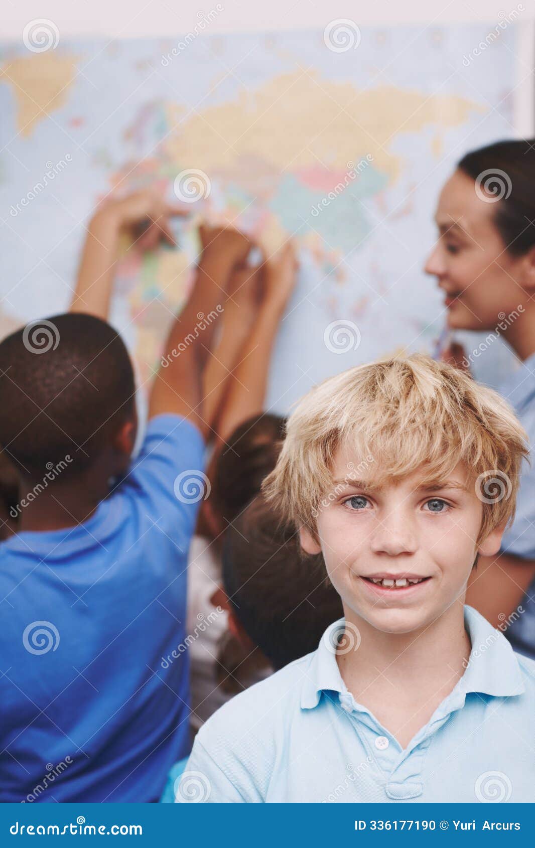 World Map, Learning and Portrait of Child in Classroom for Direction ...
