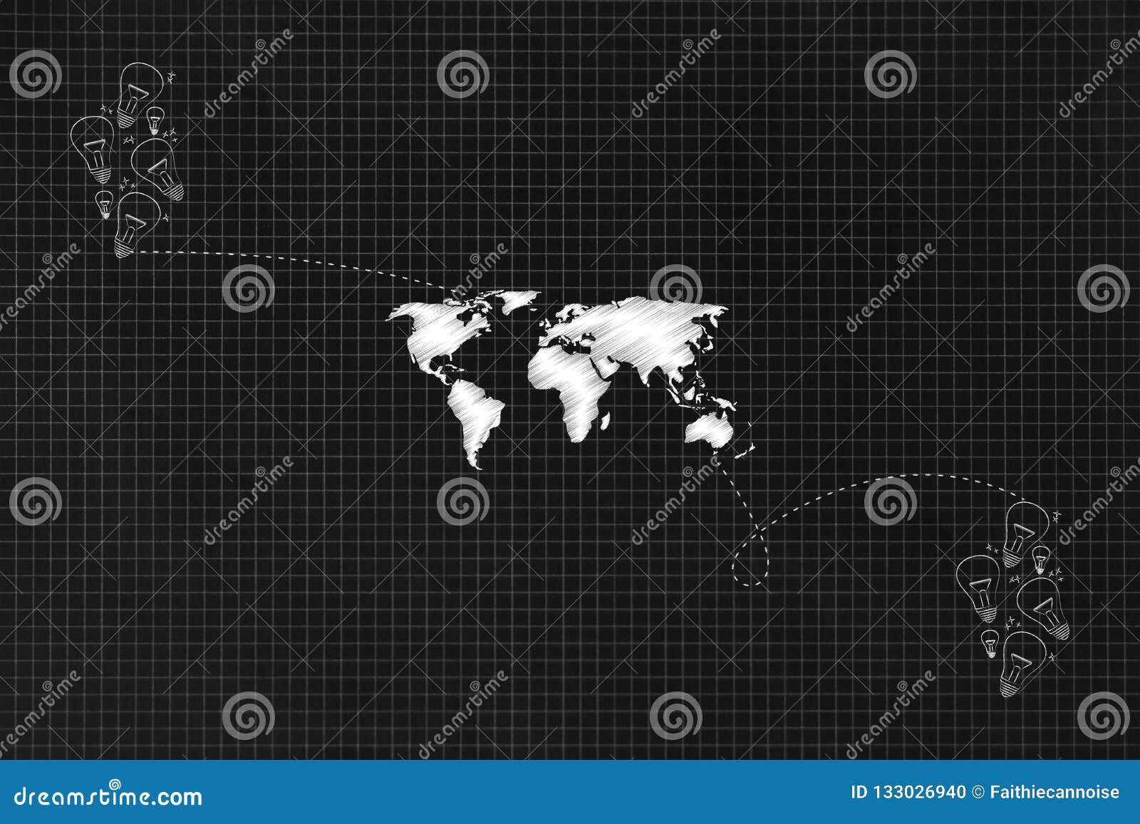 World Map Linked by Dashed Lines To 2 Distant Groups of Lightbulbs ...