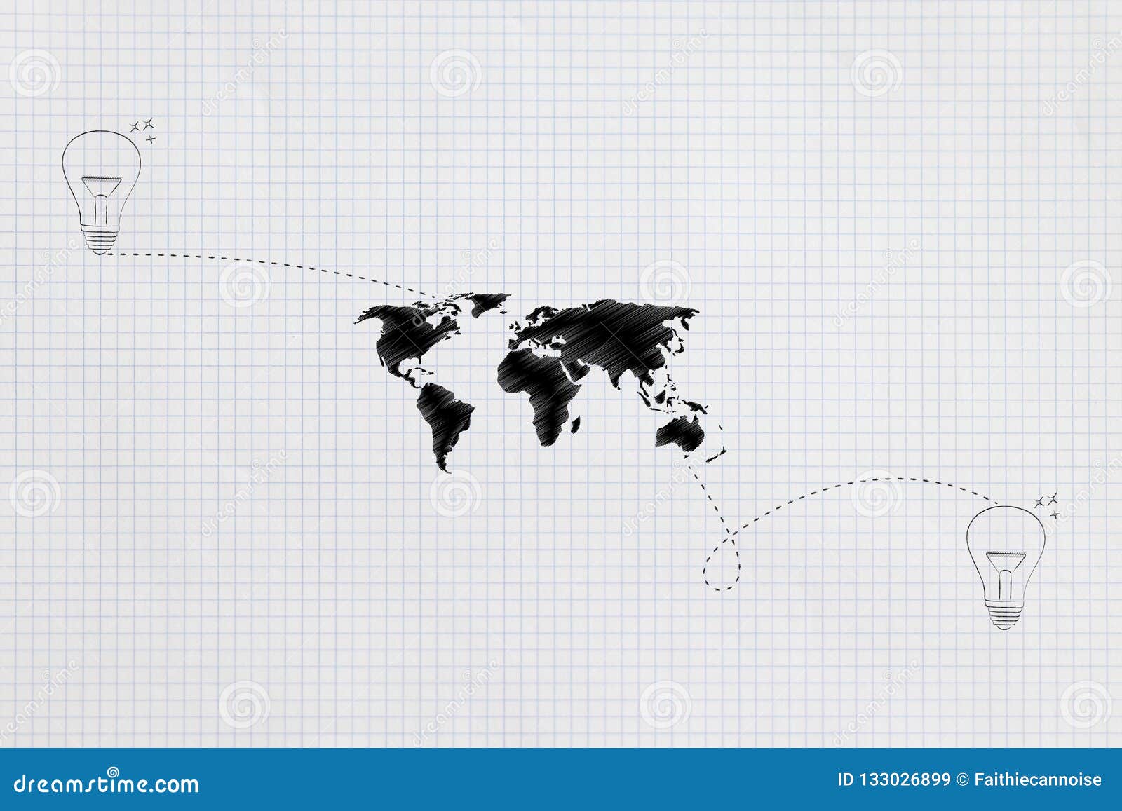 World Map Linked by Dashed Lines To 2 Distant Lightbulbs Stock ...