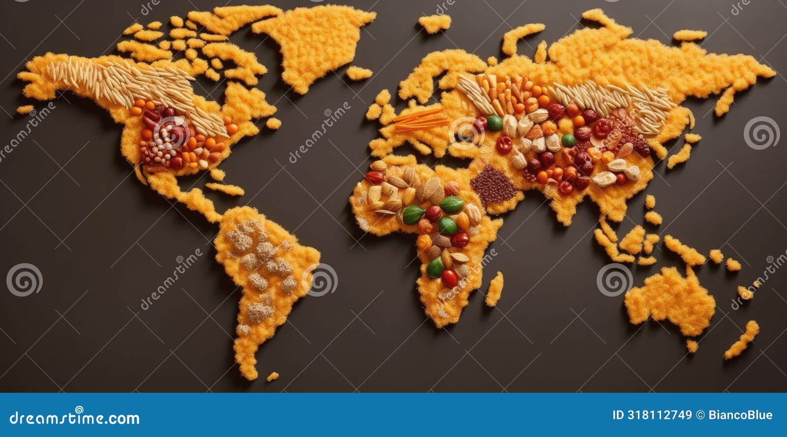 World Map Made from Assorted Spices and Grains on a Dark Background ...