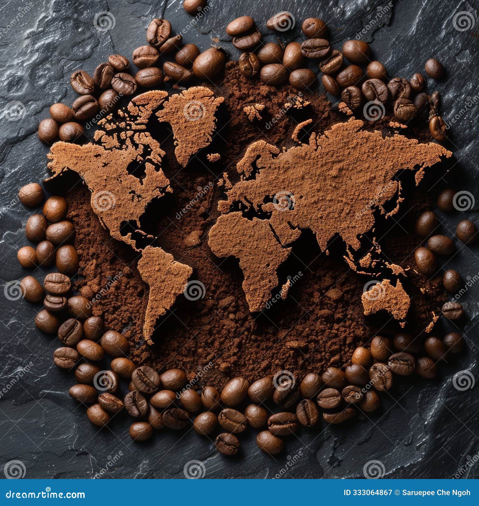 World Map Made of Coffee Grounds and Beans on Dark Slate Background ...